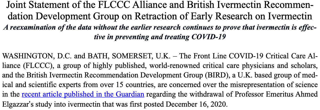 FLCCC: Joint Statement of the FLCCC Alliance and British Ivermectin ...